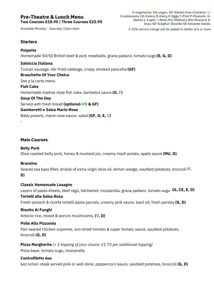 Menu - Valentino's Cardiff